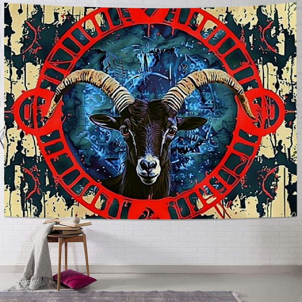 Satanic Pentagram Tapestry Baphomet Goat Skull Pagan Wall Tapestry ...