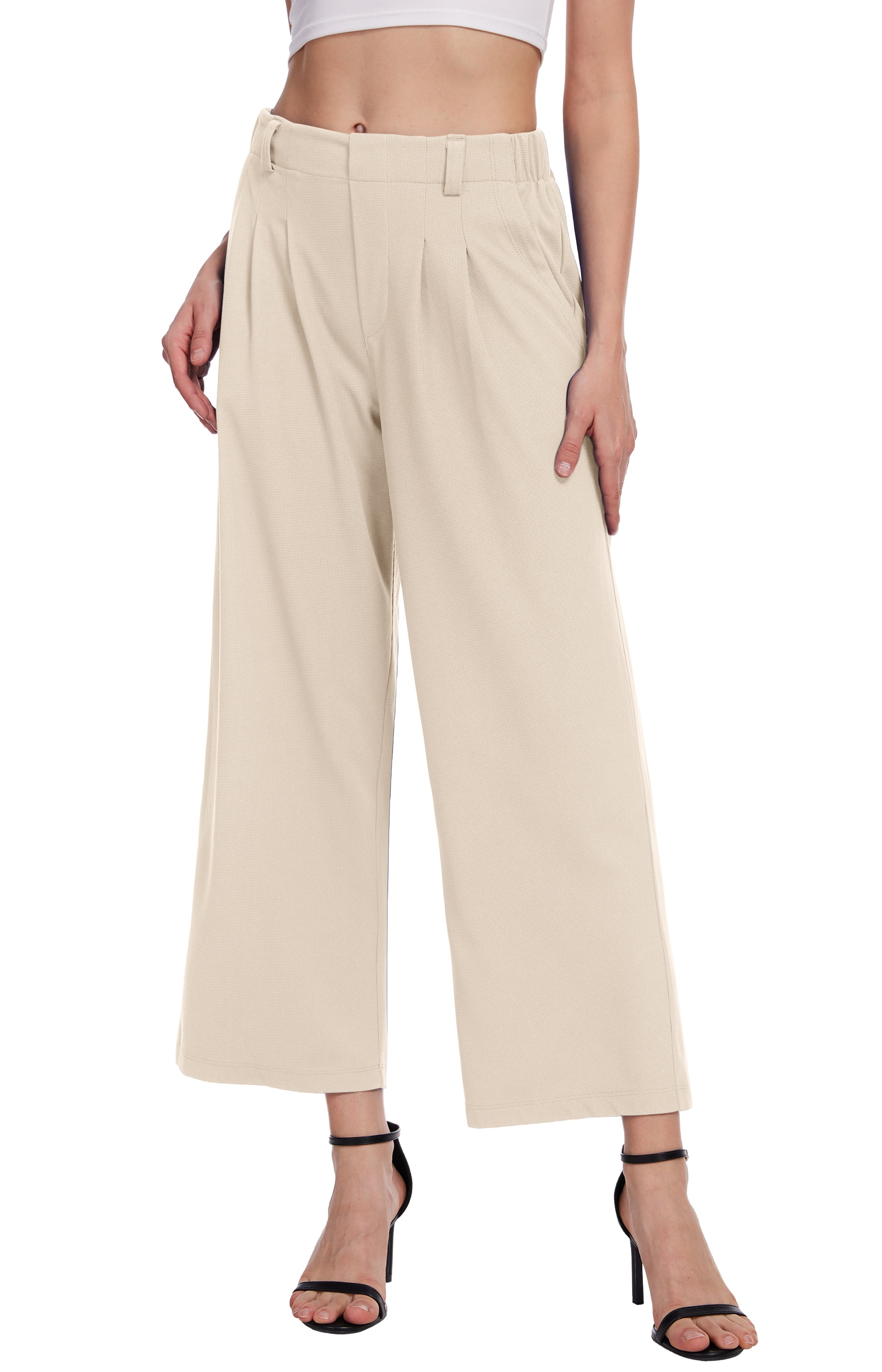 Satankud Women's Wide Leg Pants 27" High Waisted Waffle Knit Casual ...