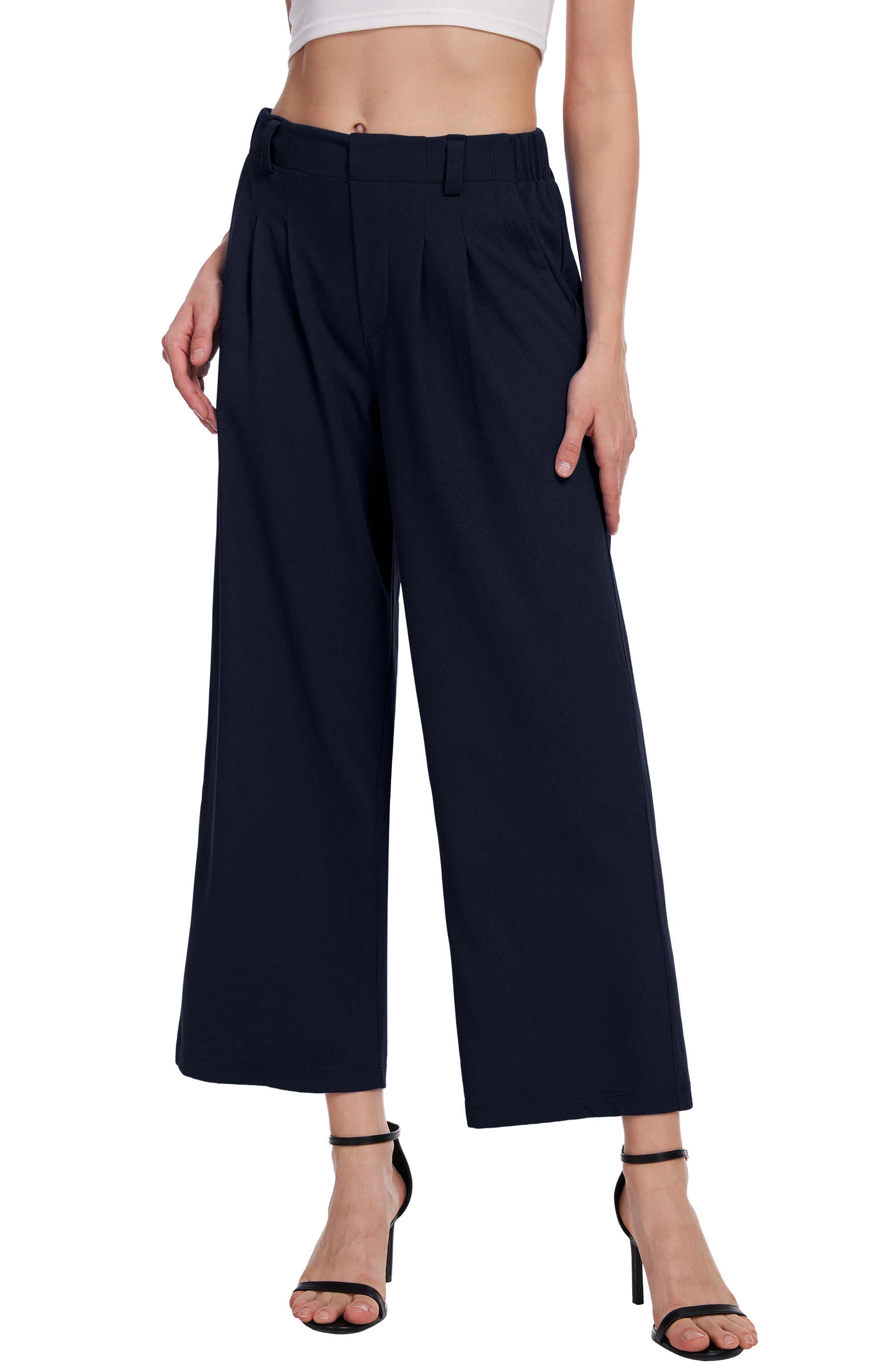 Satankud Women's Wide Leg Pants 27" High Waisted Waffle Knit Casual ...