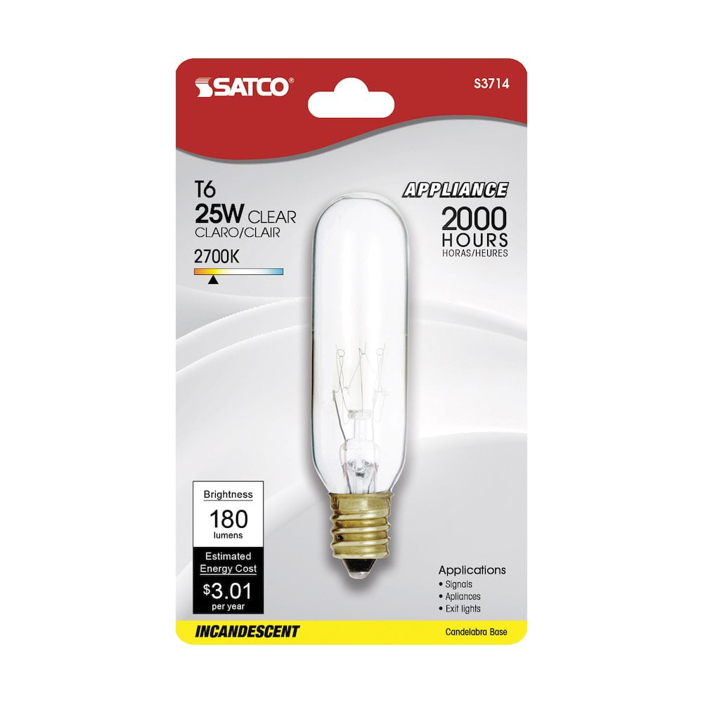 Satco 25W Clear Tubular Incandescent Light Bulb - 120V, T6, E12 Candelabra Screw Base, 2700K ...