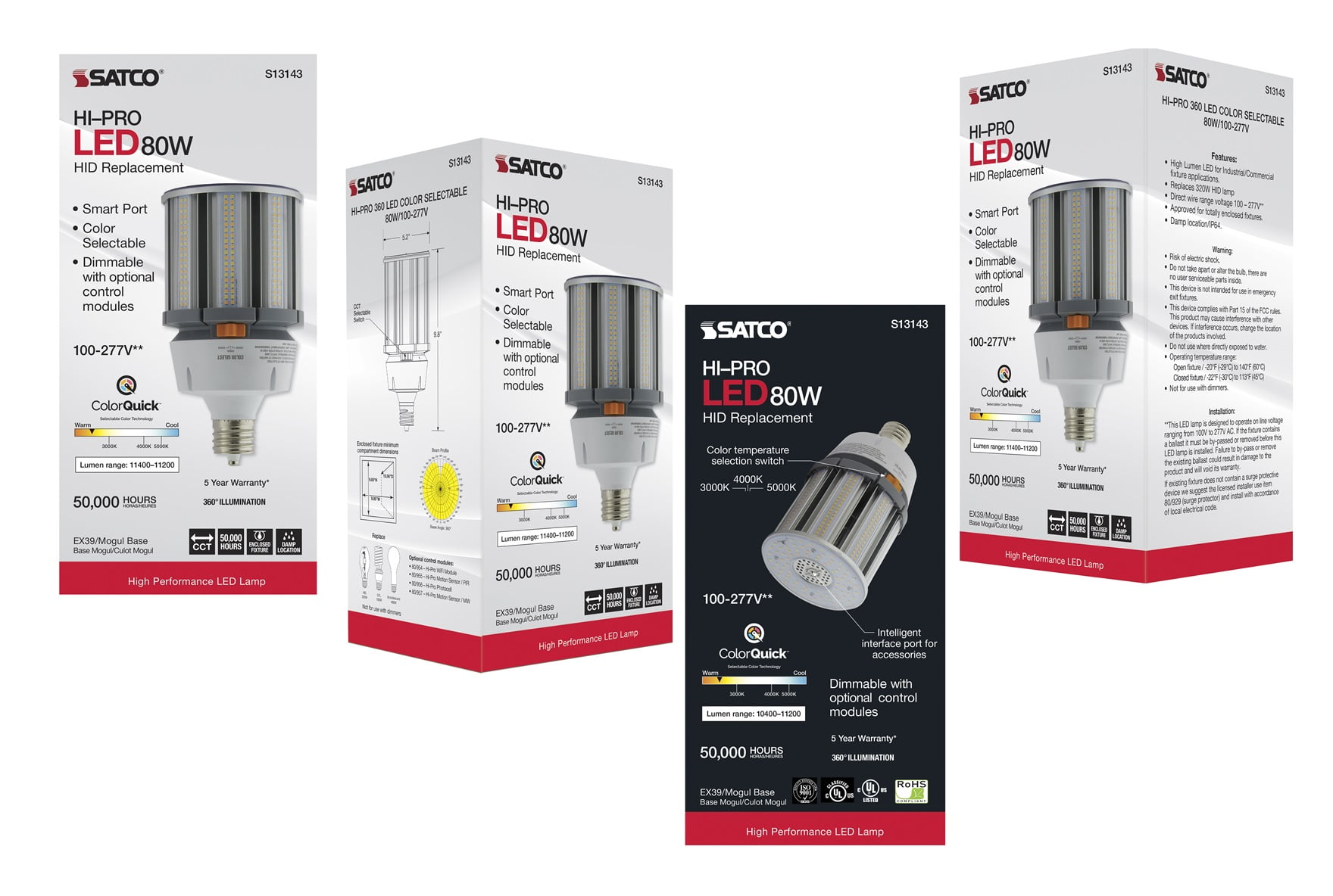 Satco (4 Pack) CCT Selectable Hi-Pro Led Lamps With Sensor Port, Part Number S13143, 80 Watt ...