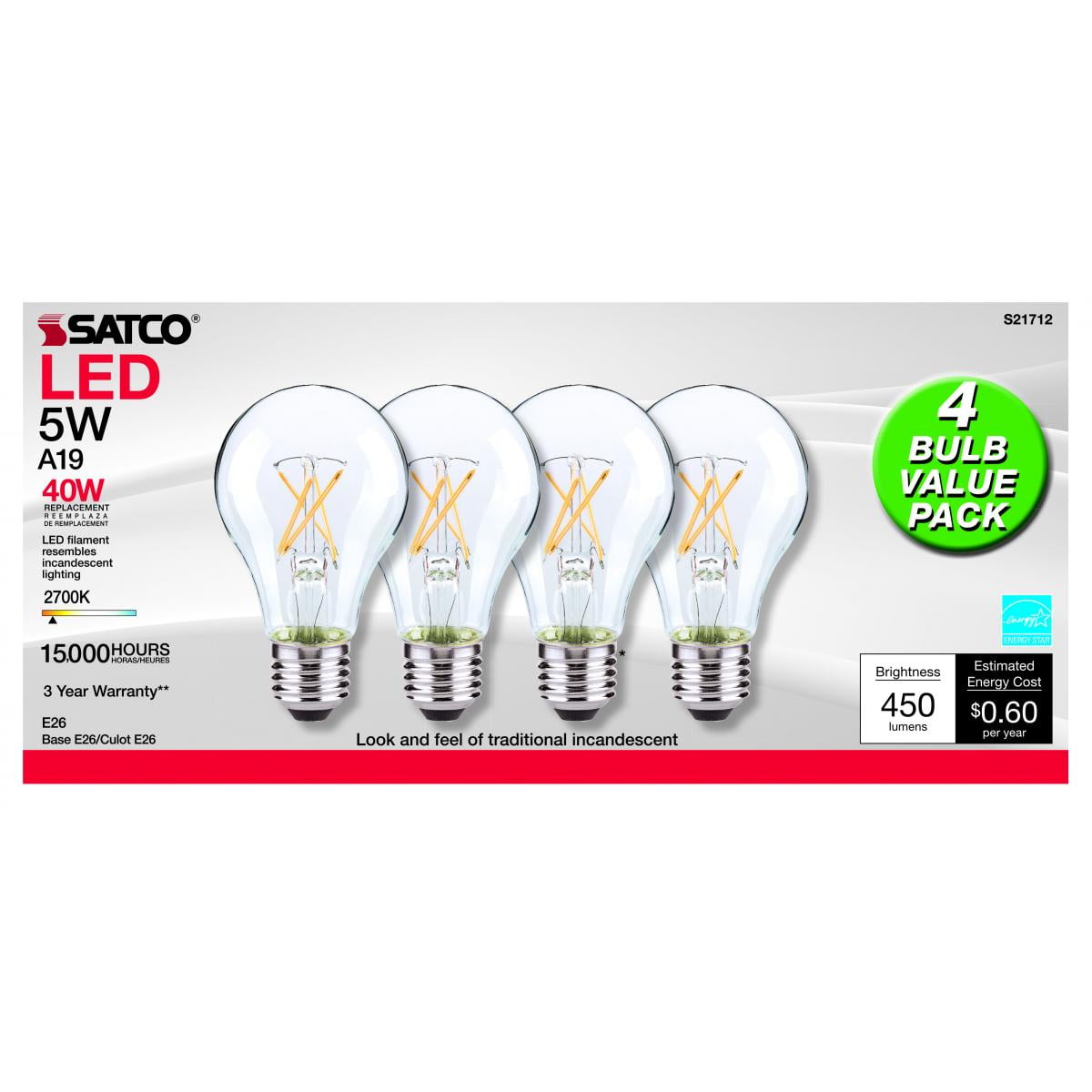 Satco S21712 5W A19 LED Light Bulbs 2700K E26 Medium Base Dimmable (4 Pack) - Walmart.com