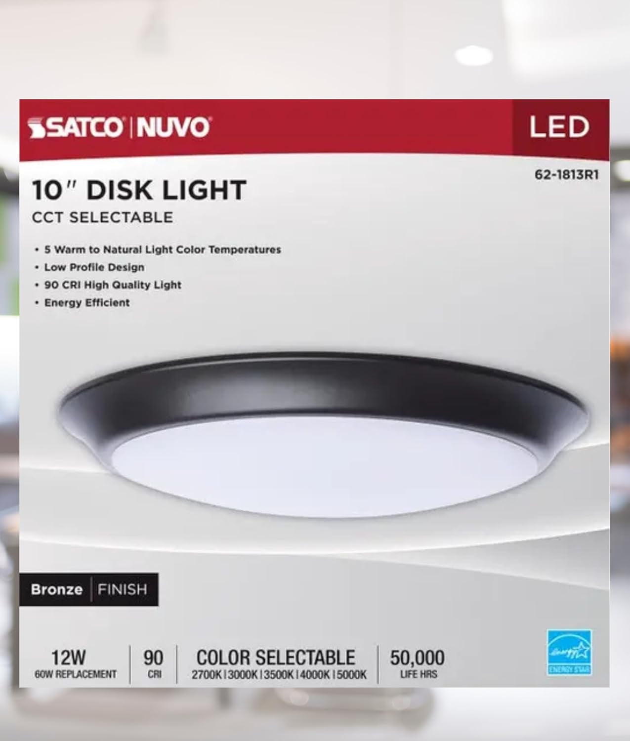 Satco 62-1813R1 10 Inch LED Disk Light CCT Selectable 2700K-5000K 1000 ...
