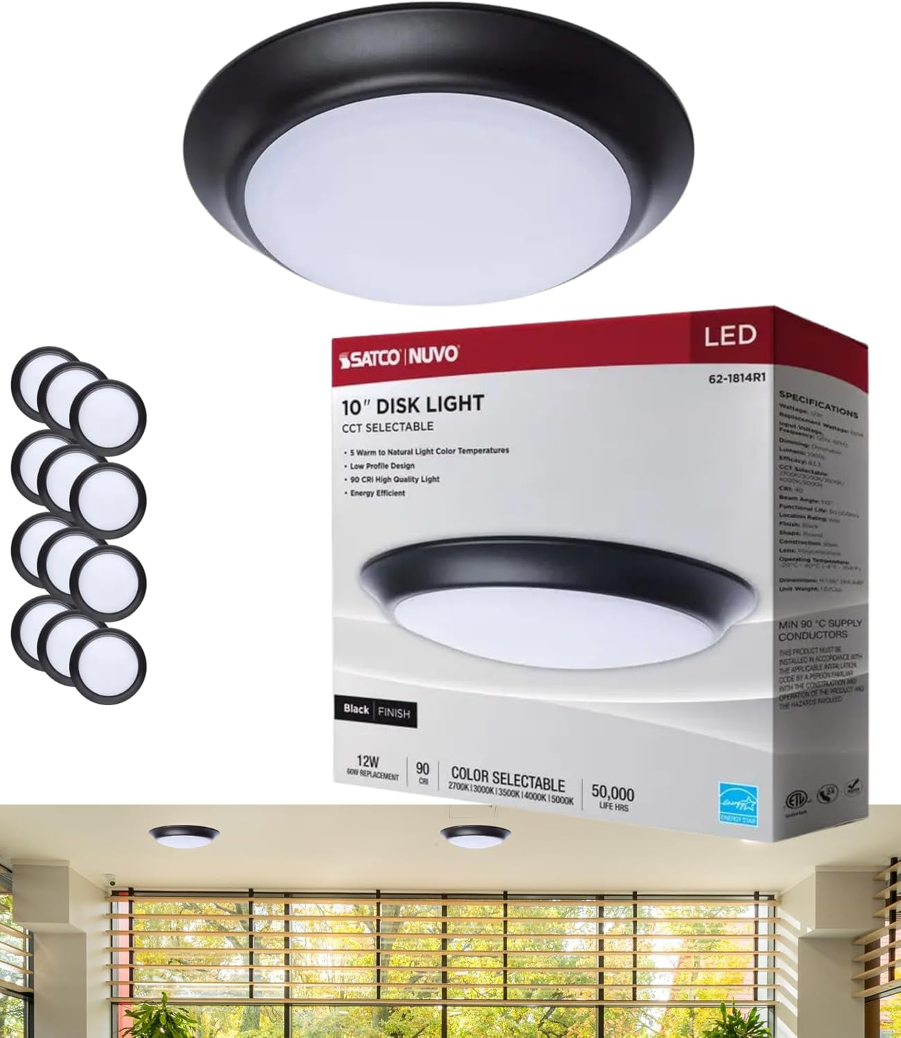 Satco 62-1814R1 10 Inch LED Disk Light CCT Selectable 2700K-5000K 1000 ...
