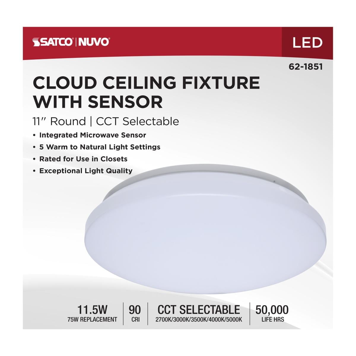 Satco 62-1851 LED Cloud Fixture With Sensor 11" 11.5W 120V CCT Select ...