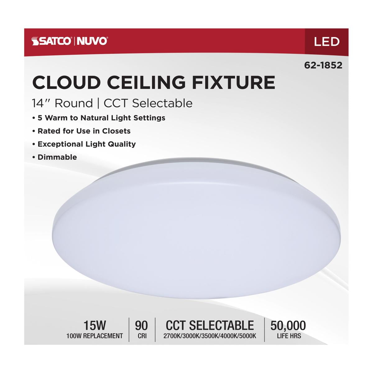 Satco 62-1852 LED Cloud Fixture 14" 15W 120V CCT Select Round White (1 ...
