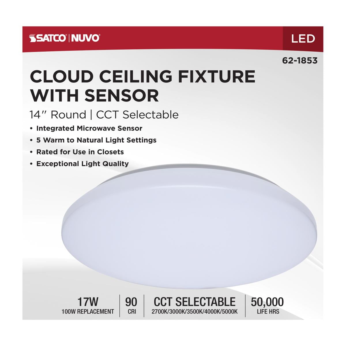 Satco 62-1853 LED Cloud Fixture With Sensor 14" 17W 120V CCT Select ...