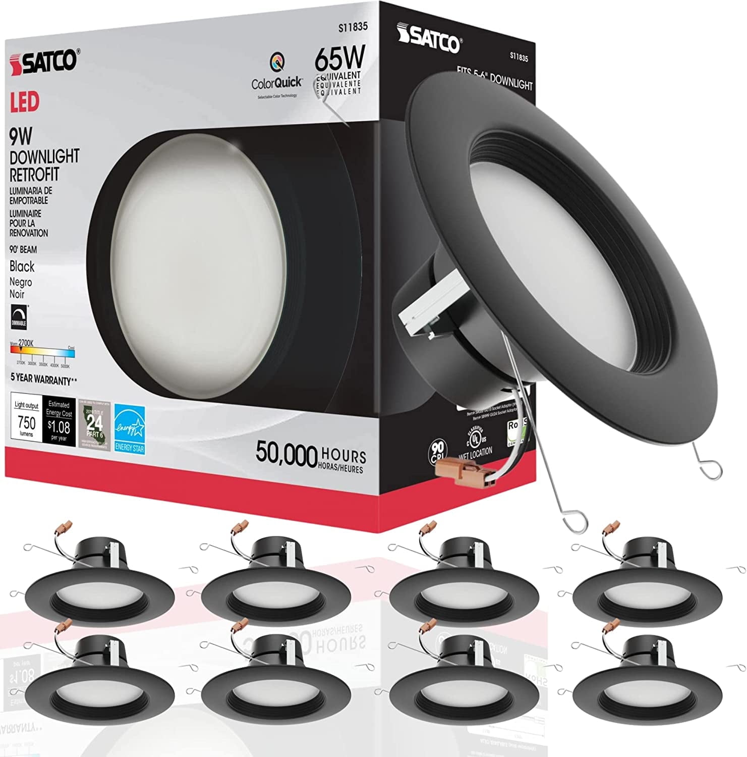 Satco 8 Pack LED Recessed Downlight Retrofits, 9W, 5-6 Inch, CCT ...
