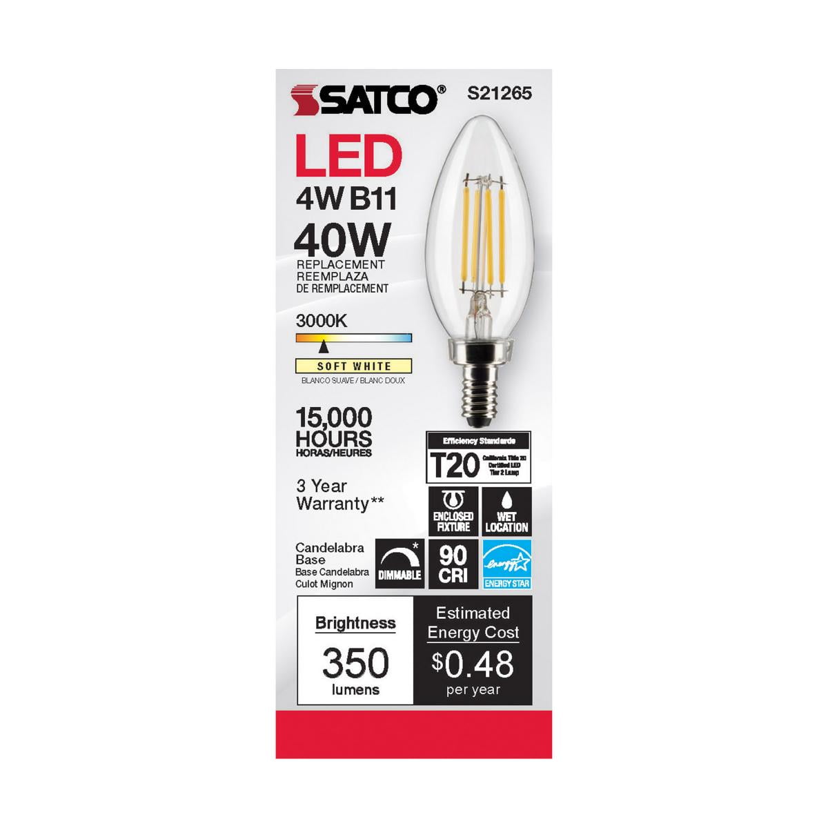 Satco LED Lamp, S21265 4B11/LED/930/CL/120V/E12, 4 Watt B11 Clear;Candelabra Base; 90 CRI; 3000K ...