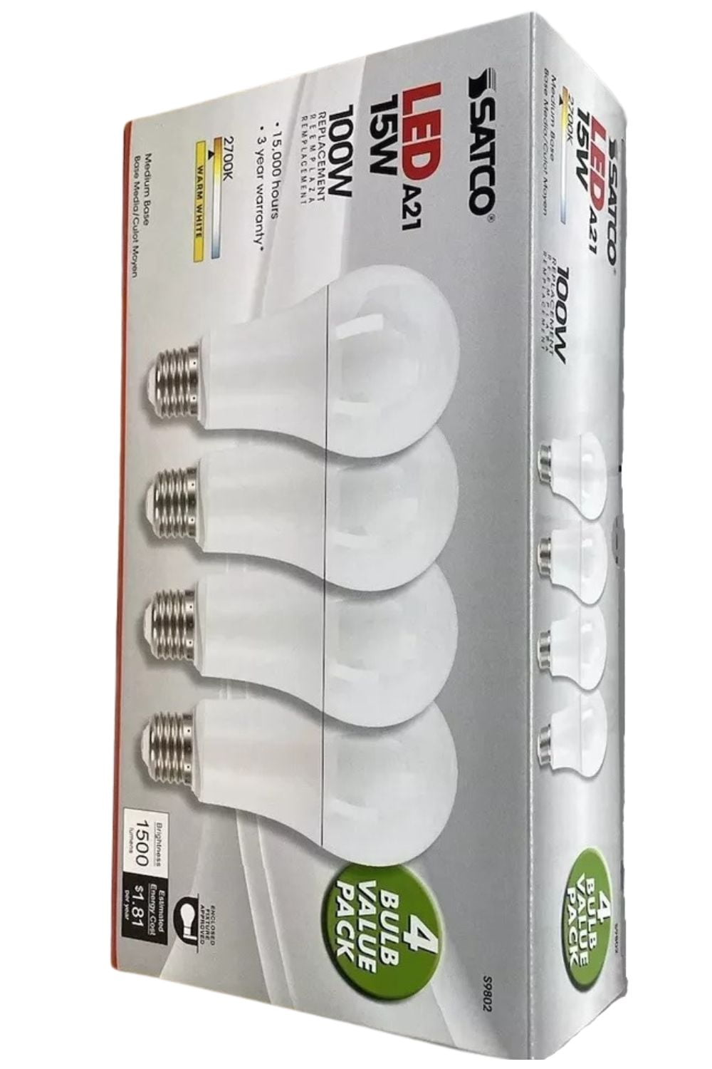 Satco LED Light Bulb 15W 2700K Warm Light 1500 Lumen (4-Pack) - Walmart.com