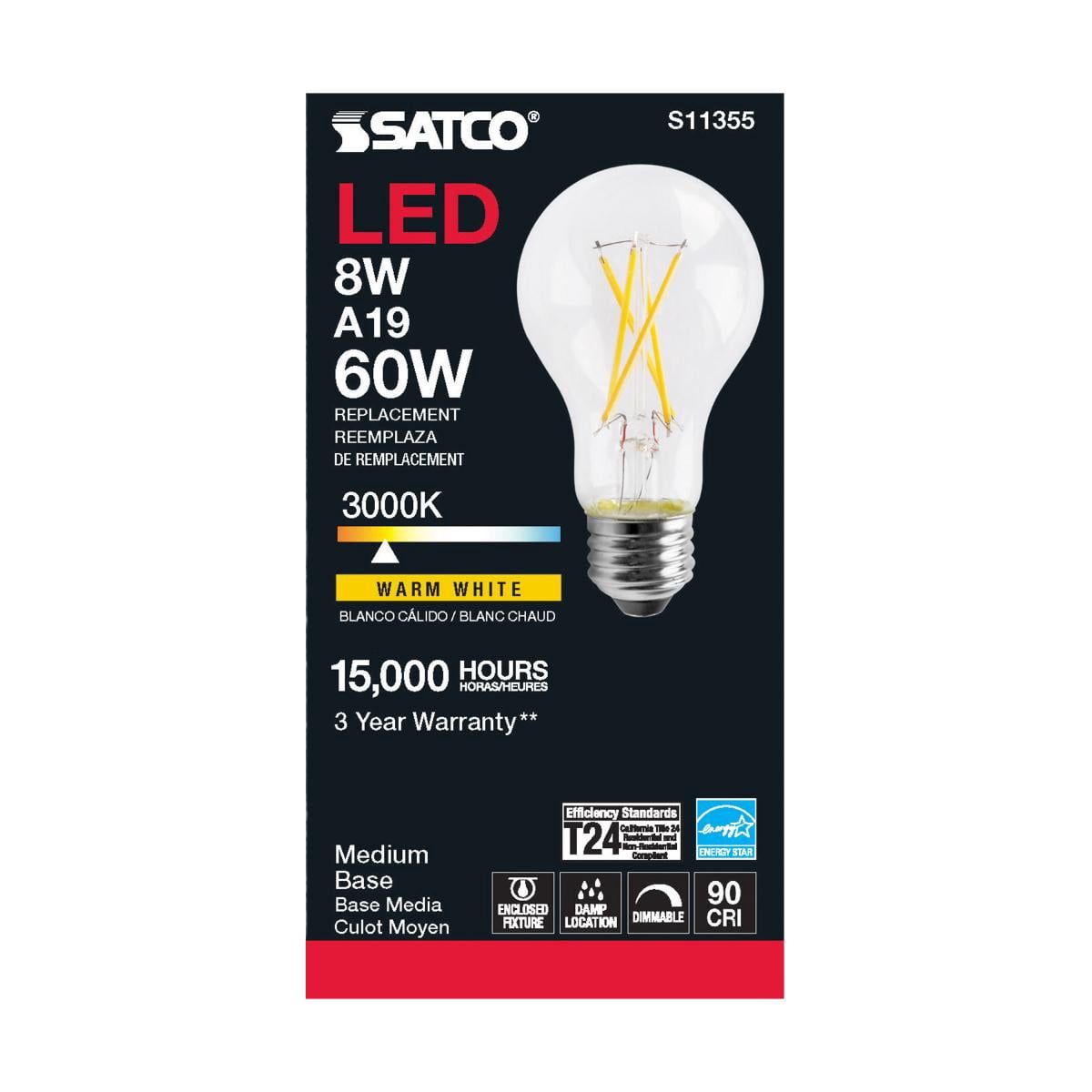 Satco S11355 A19 LED Light Bulbs 8W 120V 3000K E26 Medium Base Dimmable ...