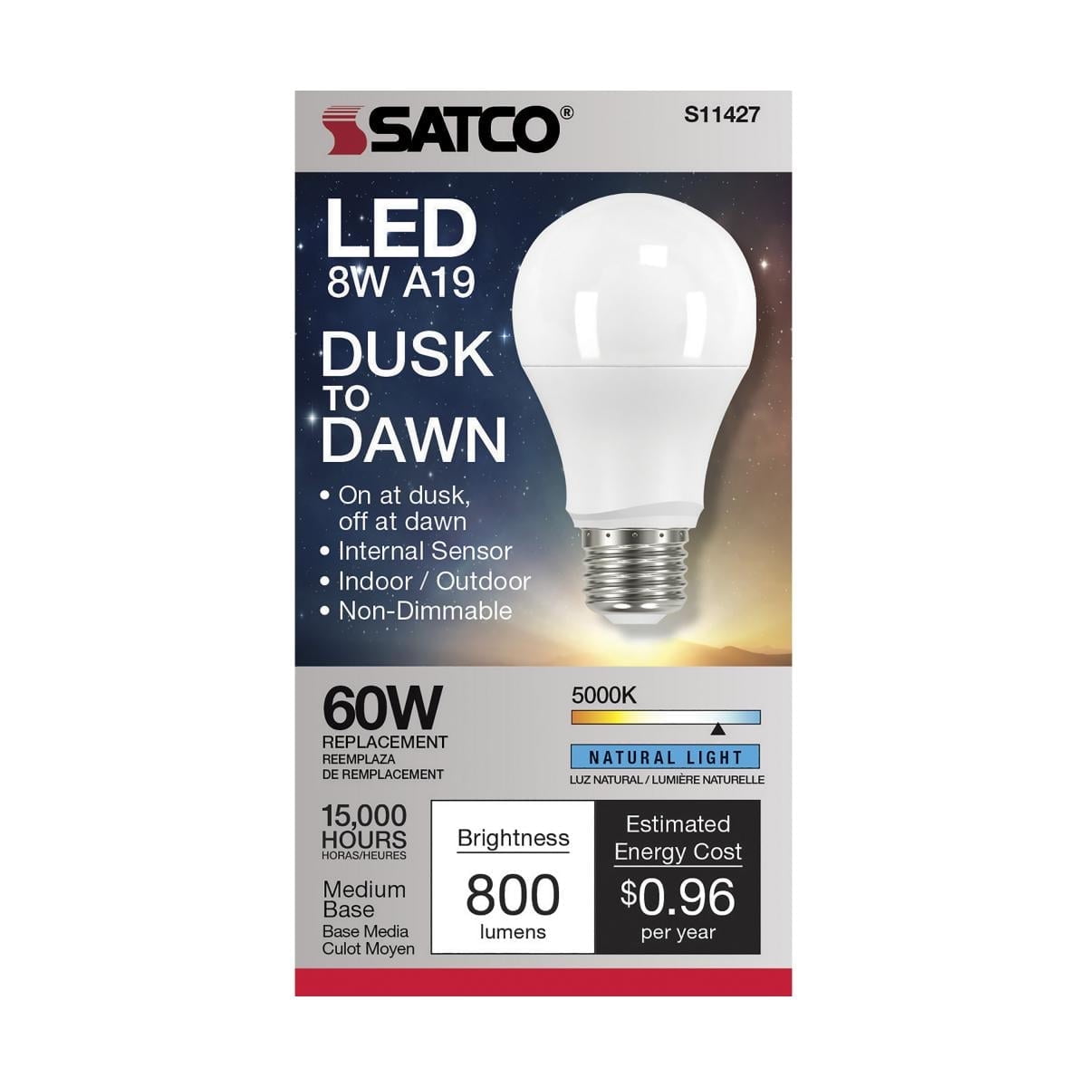 Satco S11427 Dusk to Dawn A19 LED Light Bulb 5000K E26 Medium Base 8.5W ...