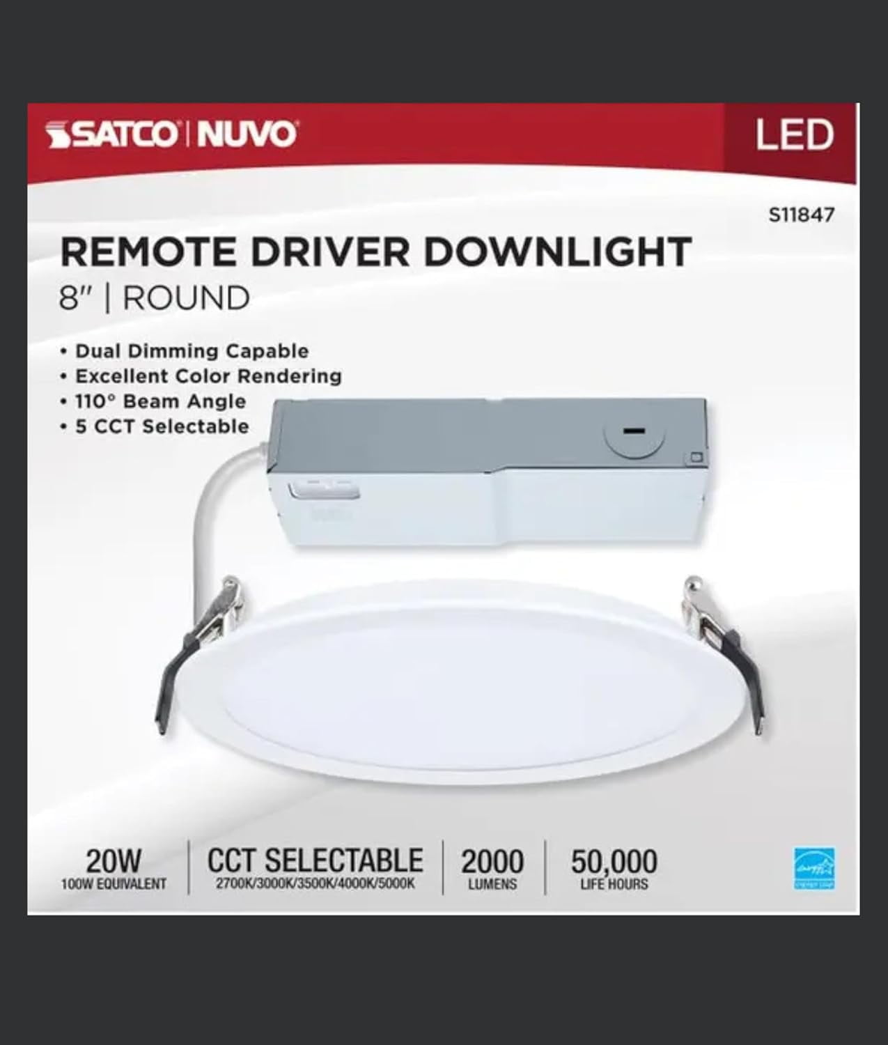 Satco S11847 20W 8-Inch LED Downlight CCT Selectable 2700K–5000K 2000 ...