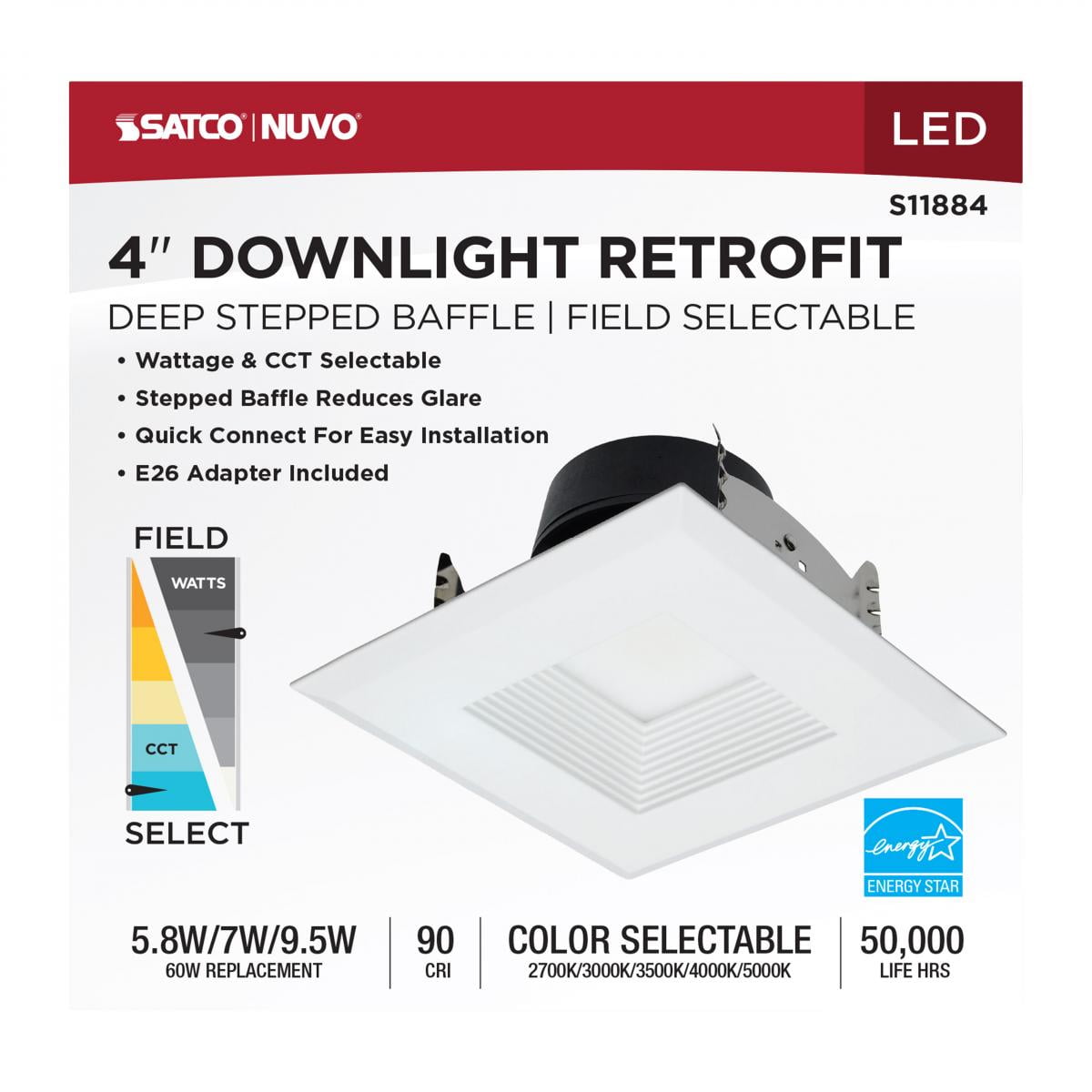 Satco S11884 LED Downlight Retrofit Field Select Watt & CCT 4" Square ...