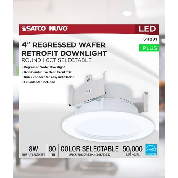Satco S11891 8 Watt 4-Inch LED Downlight Retrofit Regressed Wafer Round ...