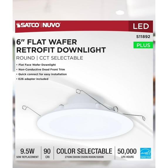 Satco S11892 10 Watt 6-Inch LED Downlight Retrofit Flat Wafer Round ...