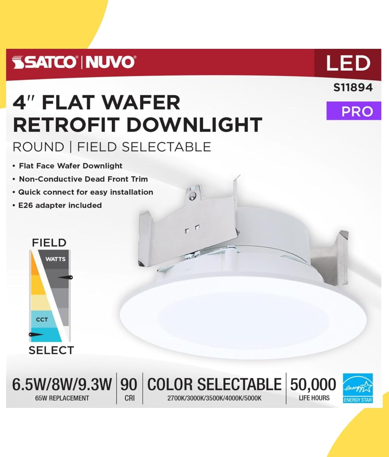 Satco S11894 9W LED 4-Inch Downlight Retrofit CCT Selectable 2700K ...