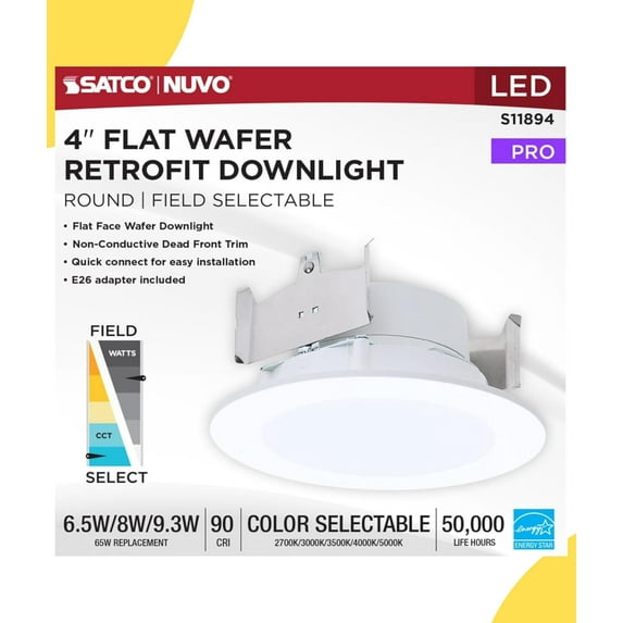 Satco S11894 9W LED 4-Inch Downlight Retrofit CCT Selectable 2700K ...