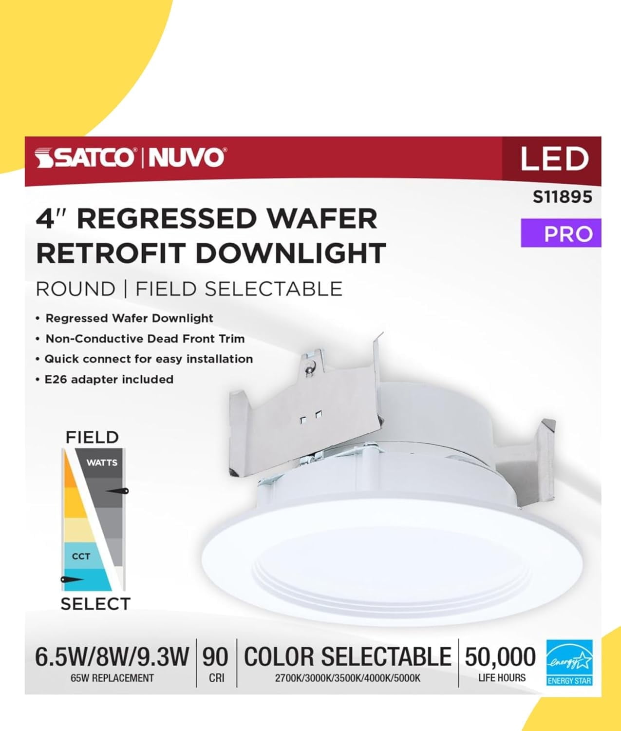 Satco S11895 9W LED 4-Inch Downlight Retrofit CCT Selectable 2700K ...