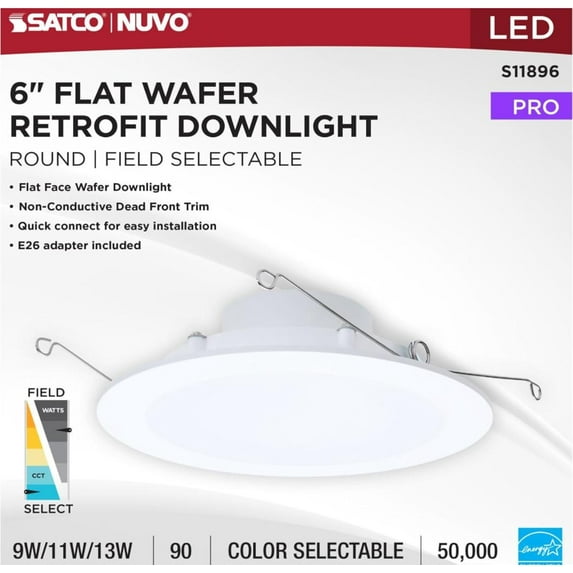 Satco S11896 13W LED 6-Inch Downlight Retrofit CCT Selectable 2700K ...