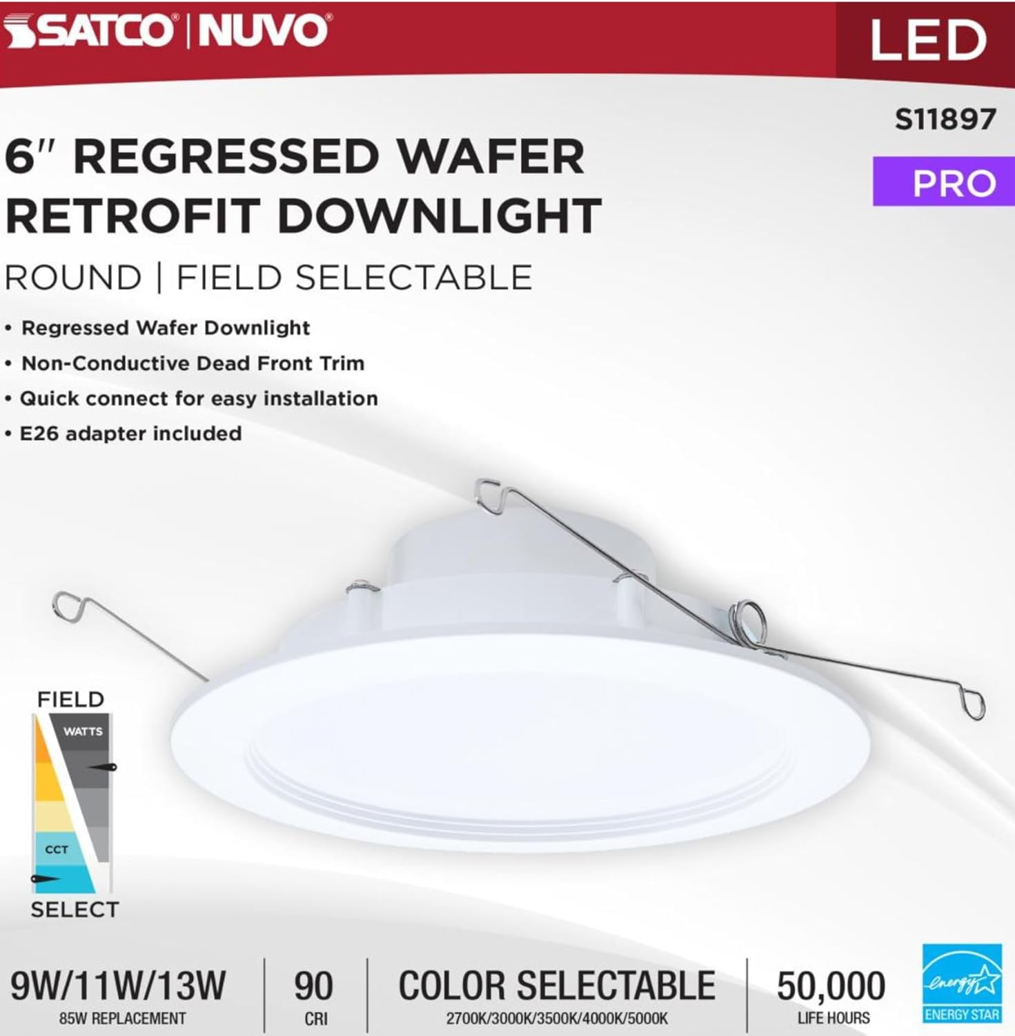 Satco S11897 13W LED 6-Inch Downlight Retrofit CCT Selectable 2700K ...