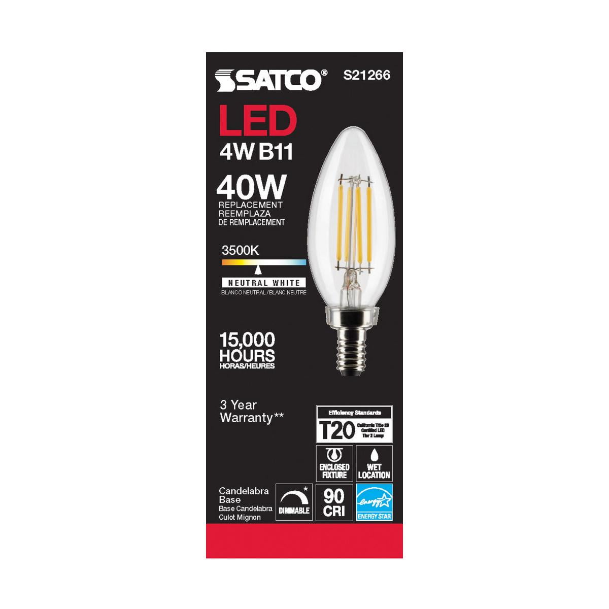 Satco S21266 B11 LED Light Bulbs 4W 120V 3500K E12 Candelabra Base ...