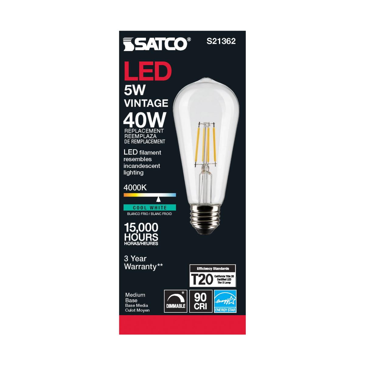 Satco S21362 LED ST19 Vintage Style Light Bulbs 5W 120V 4000K 90+ CRI ...