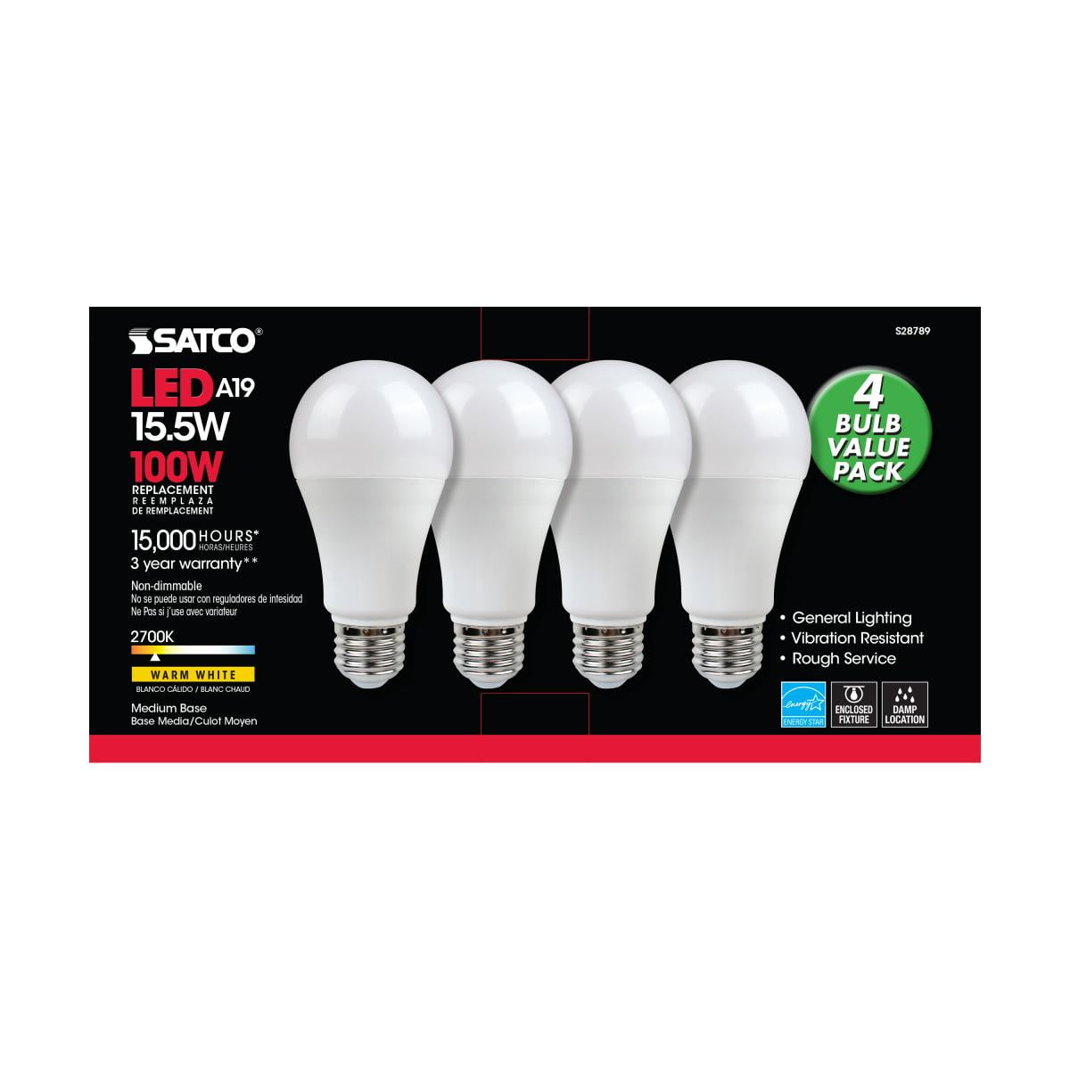 Satco S28789 A19 LED Light Bulbs 15.5W 120V 2700K 1600L E26 Medium Base Frosted (4 Pack ...
