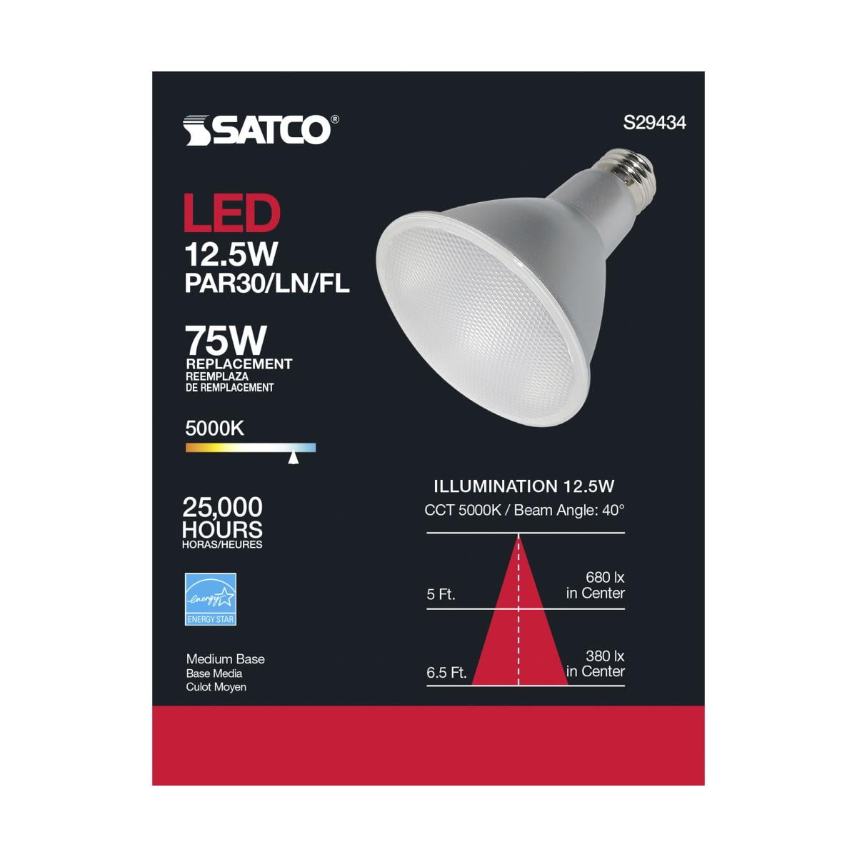 Satco S29434 PAR30LN Reflector Light Bulbs 12.5W 120V 5000K 1000L E26 ...