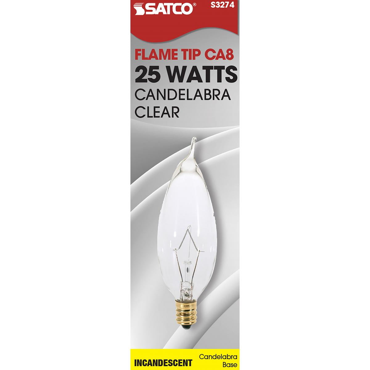 Satco S3274 25 Watt 120V CA8 Incandescent Light Bulbs 2700K 210 Lumens E12 Candelabra Base ...