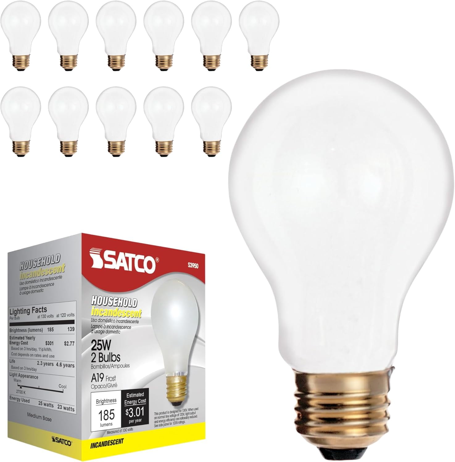 Satco S3950 A19 Incandescent Light Bulbs 25W 130V Frosted Finish E26 ...