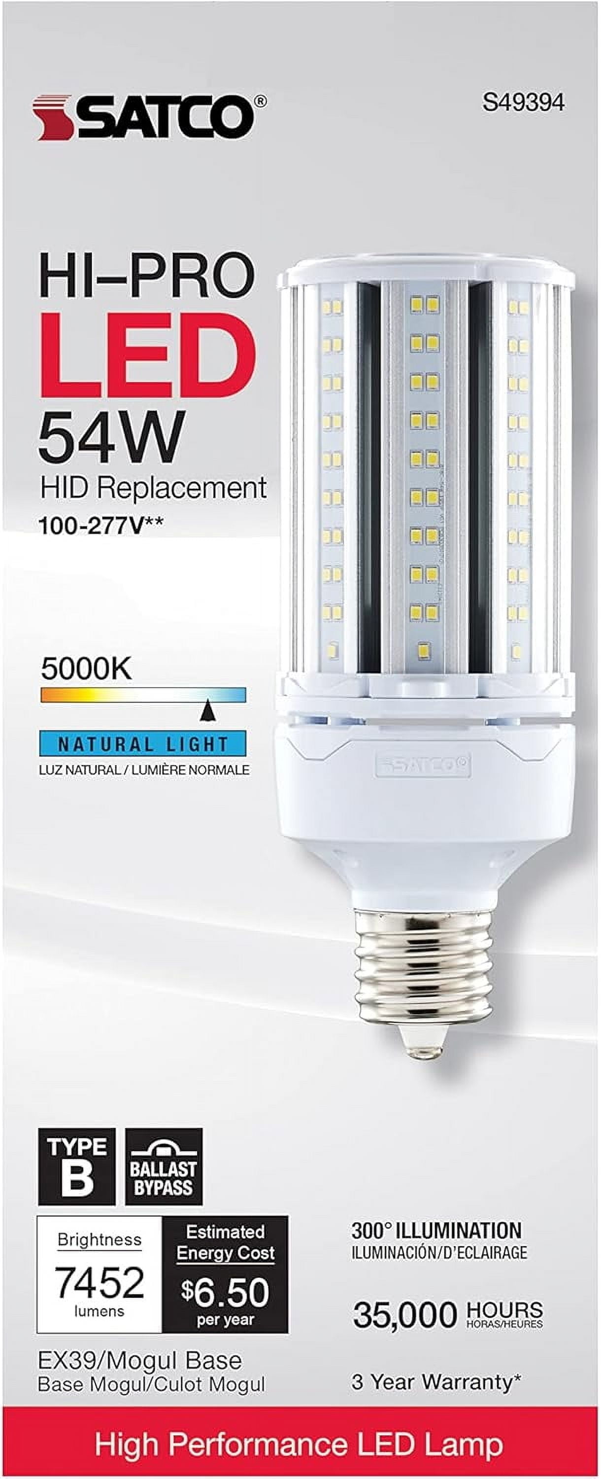 Satco S49394 54W Hi-Pro LED Mogul Light Bulb, 5000K, 7452 Lumens, HID ...