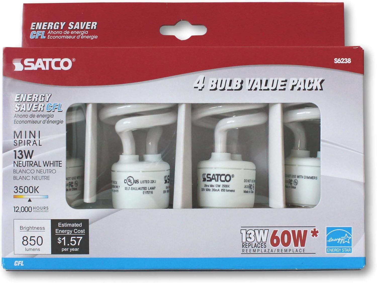Satco S6238 - 13 watt; Mini Spiral Compact Fluorescent; 3500K; 82 CRI ...