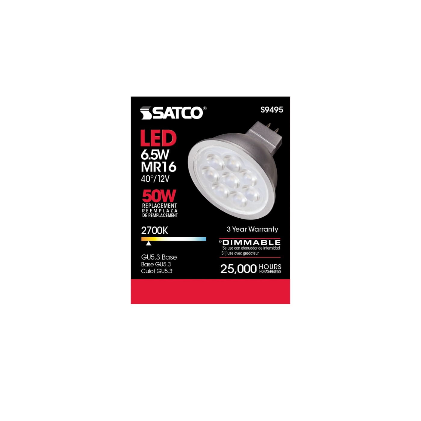 Satco S9495 MR16 LED Light Bulbs 6.5W 12V AC/DC 2700K GU5.3 Base ...