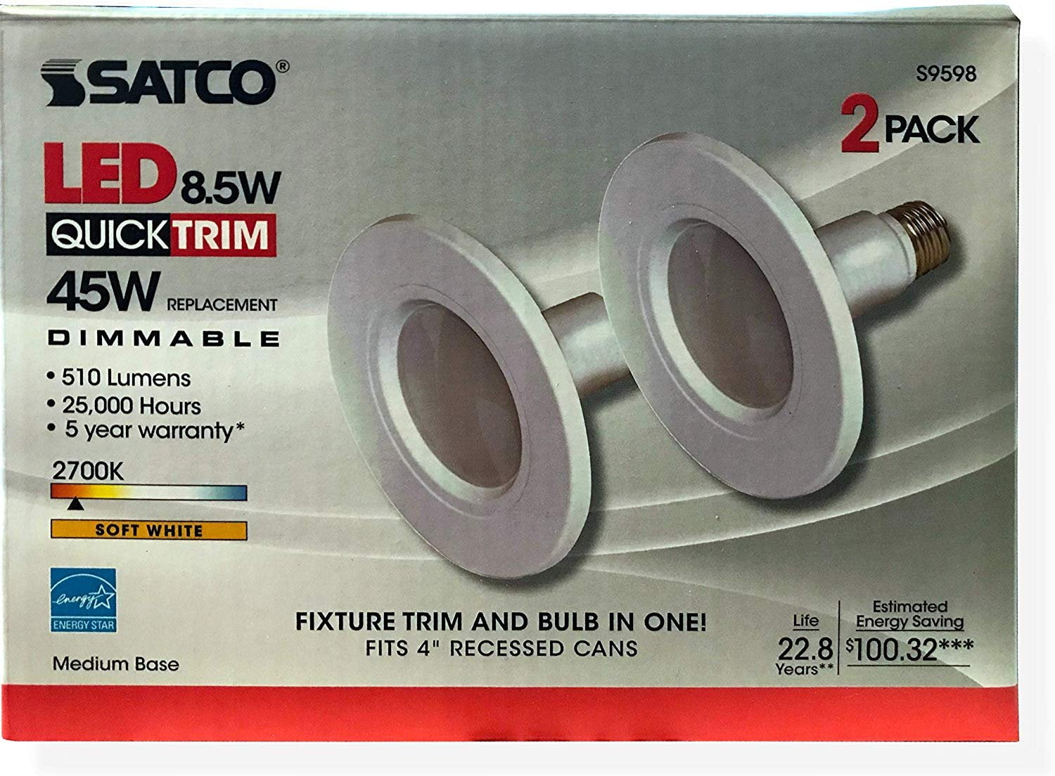 Satco S9598 Dimmable LED Recessed Downlight Retrofit Lamp, 120 Volt, 8. ...