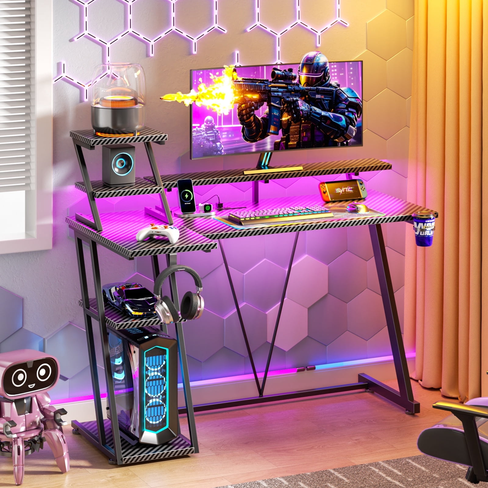 Satifur 39" Carbon Fiber Gaming Desk L-Shaped Computer Desk, RGB Lights ...