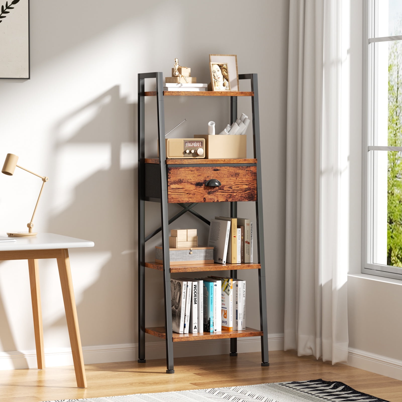 Satifur 4-Tier 47.6"H Ladder Bookshelf with Removable Drawers Narrow ...