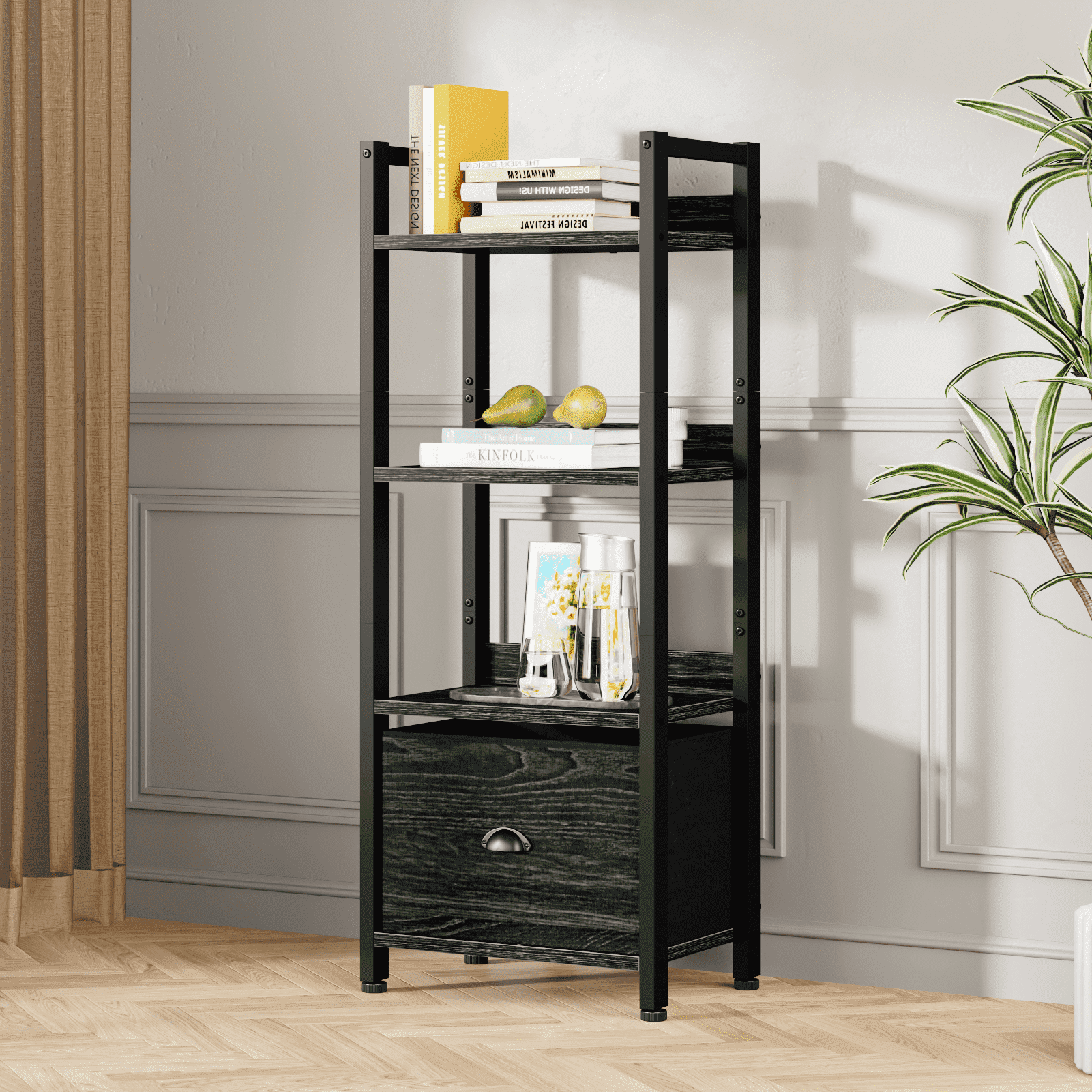 Satifur 4 Tier Ladder Bookcase with Removable Drawer Tall Standing Bookshelf Black Oak