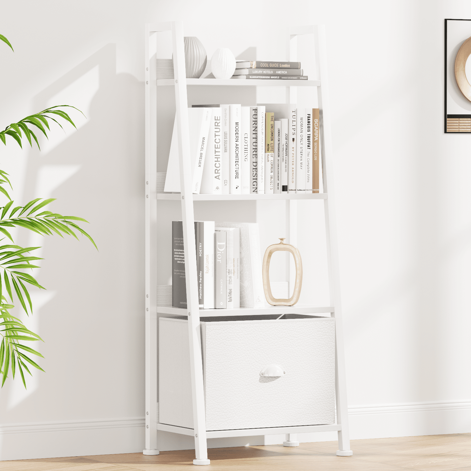 Satifur 4 Tier Ladder Bookshelf With Drawer Leaning Bookcase Storage Display Shelf White