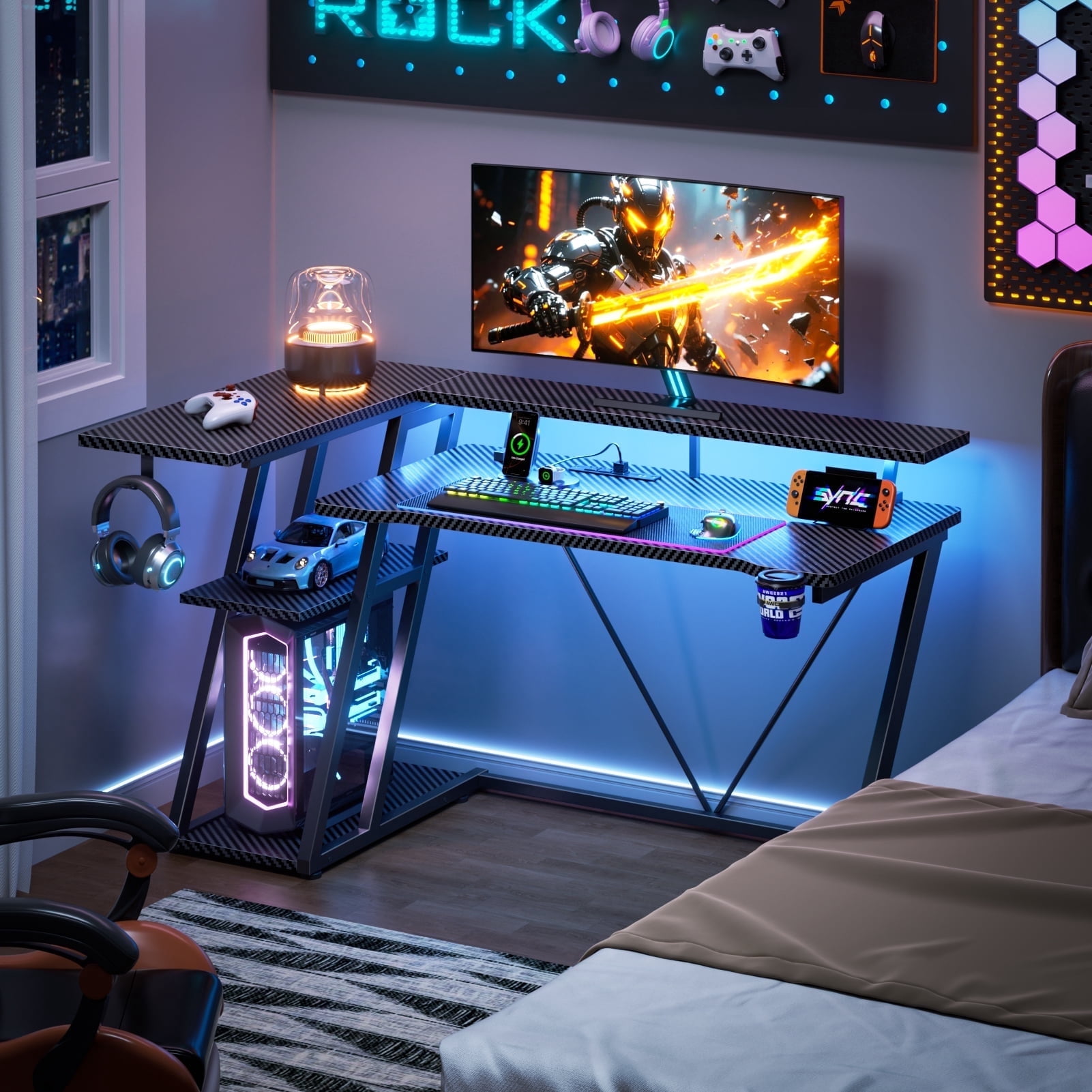 Satifur 47" Pro L-Shaped Gaming Desk Black, RGB LED, Power Hub ...