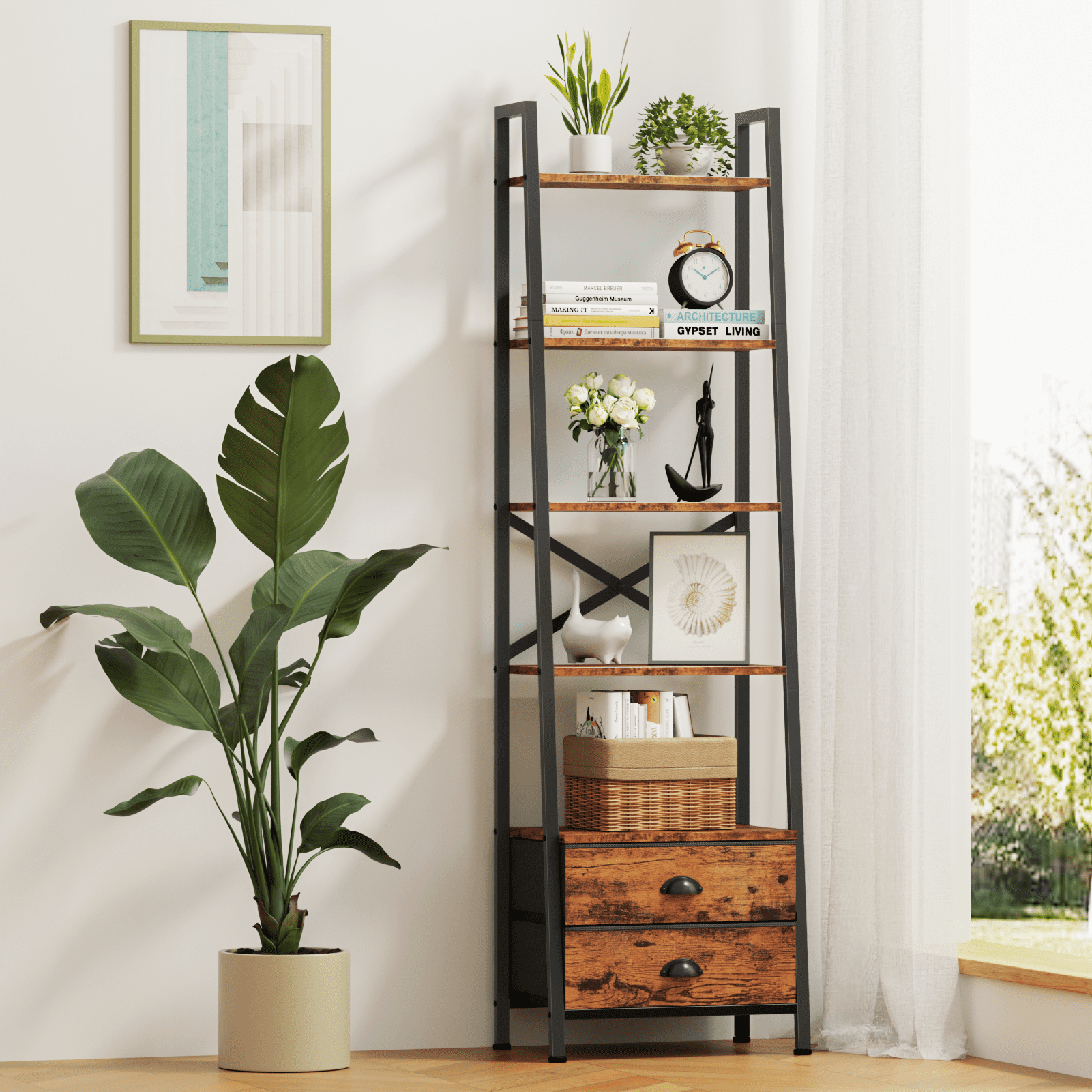Satifur 5-Tier 64"H Industrial Bookshelf with 2 Removable Drawers ...