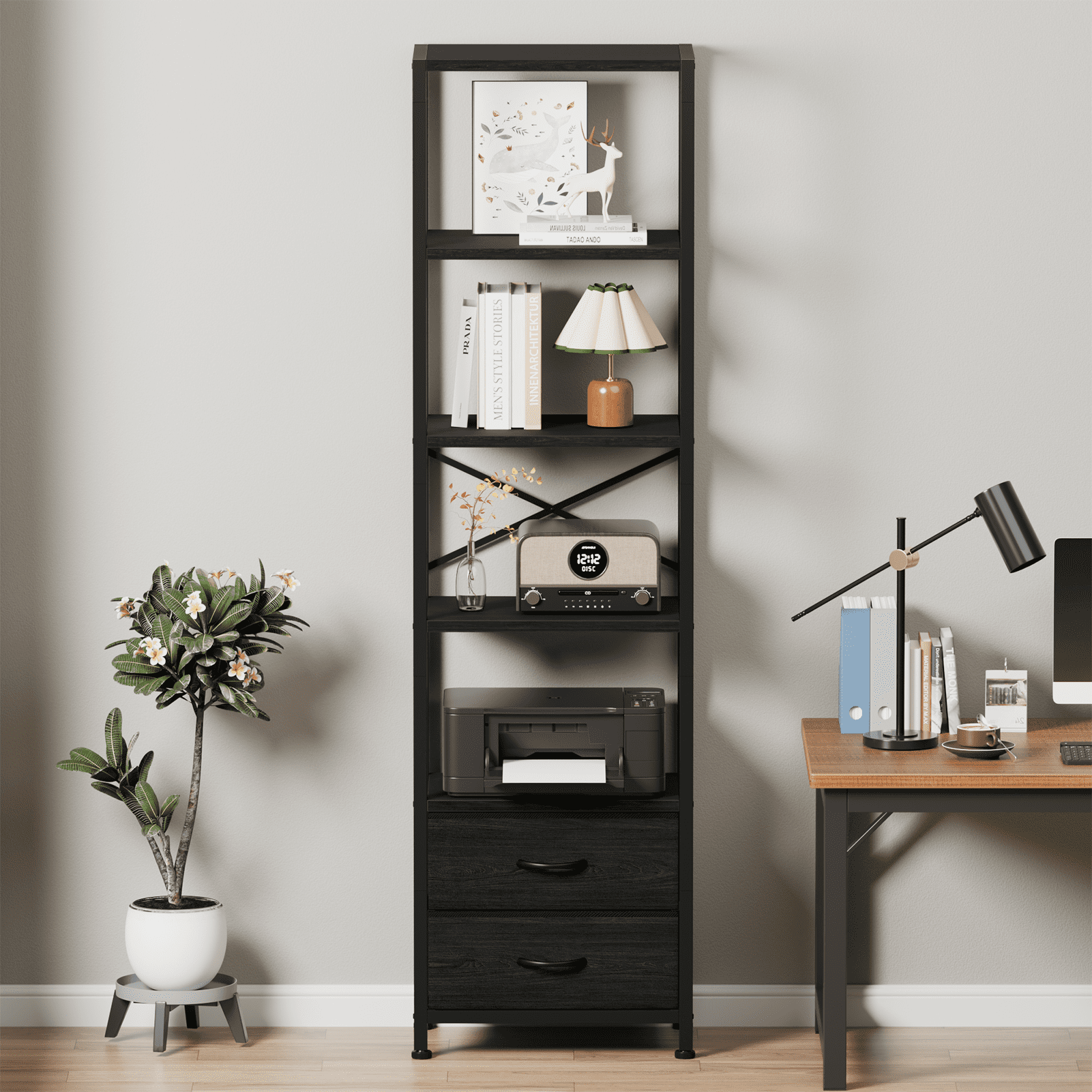 Satifur 5-Tier 65" H Bookshelf and Bookcase with 2 Removable Drawers ...