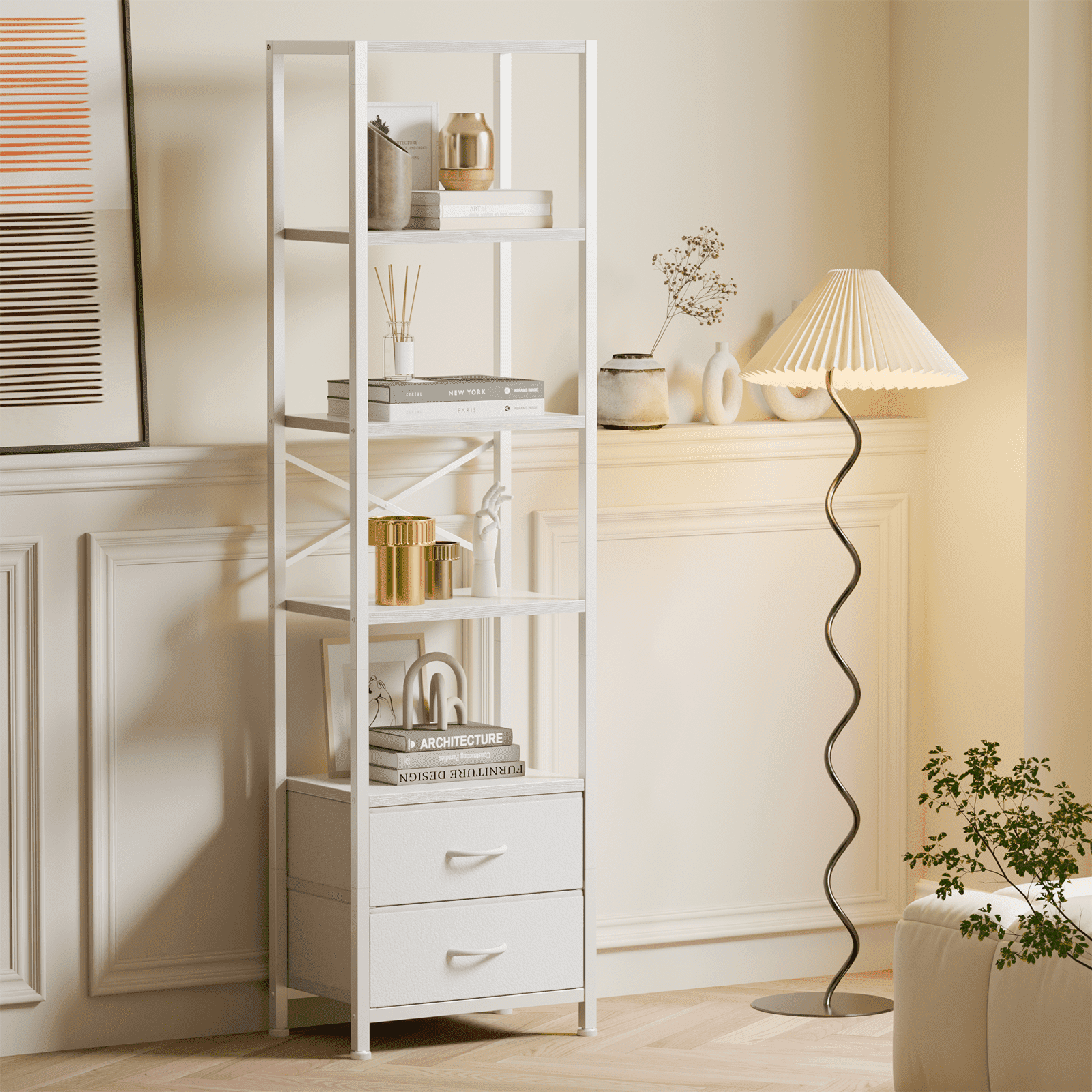 Satifur 5-Tier 65" H Bookshelf and Bookcase with 2 Removable Drawers ...