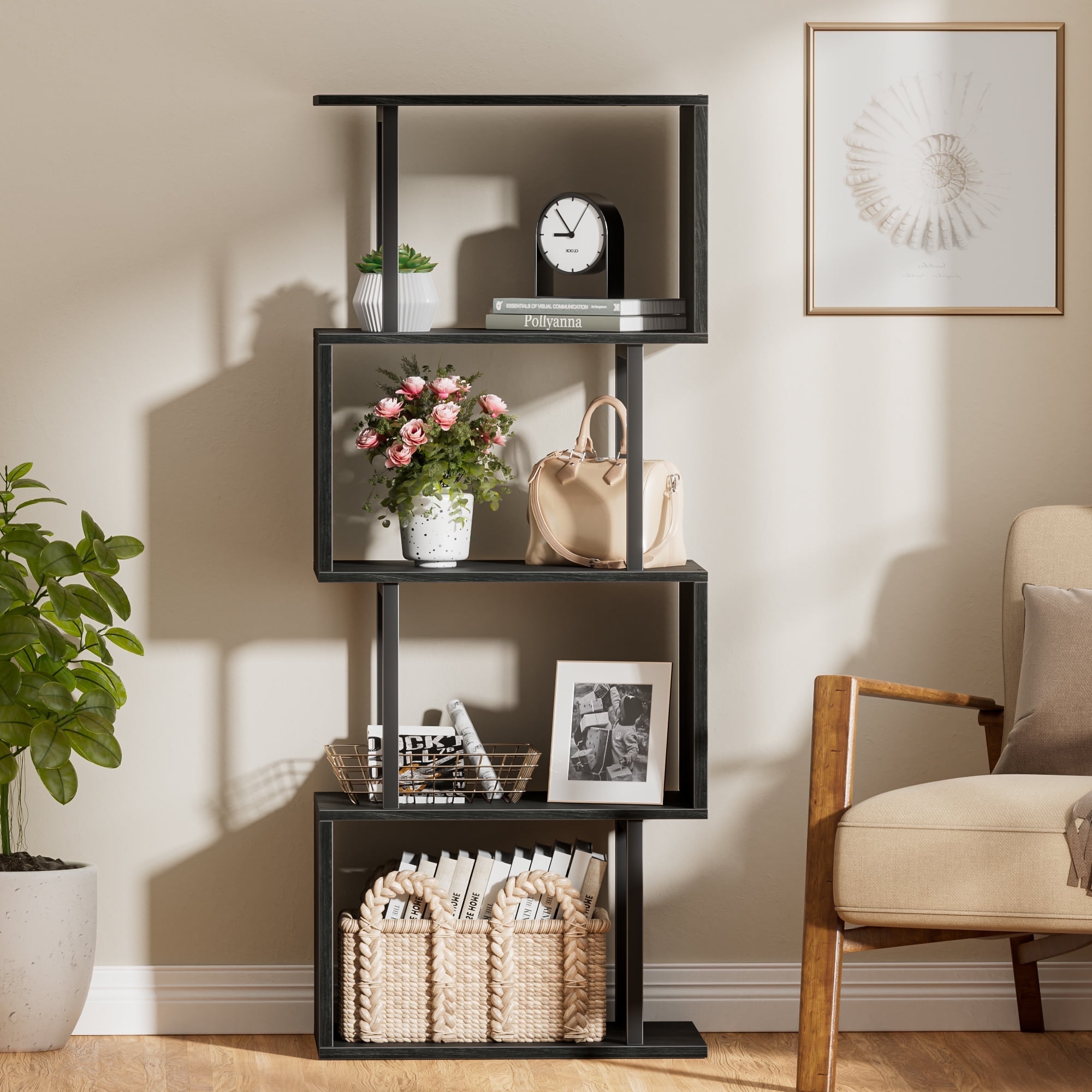 "Satifur 4-Tier S-Shaped Bookcase, Freestanding Shelves, Black, Metal ...