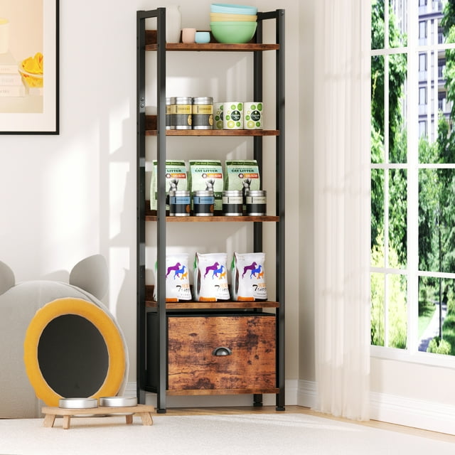 Satifur 5 Tier Ladder Bookcase with Removable Drawer Tall Standing ...