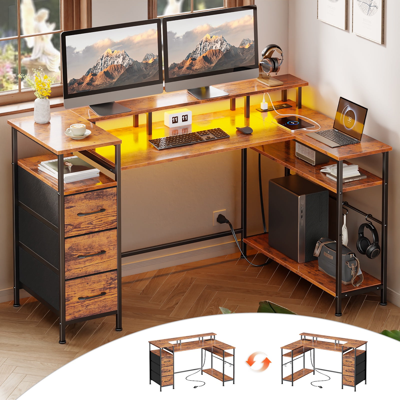 Satifur 55" Computer Desk with LED Lights & Power Outlets, L-Shaped ...