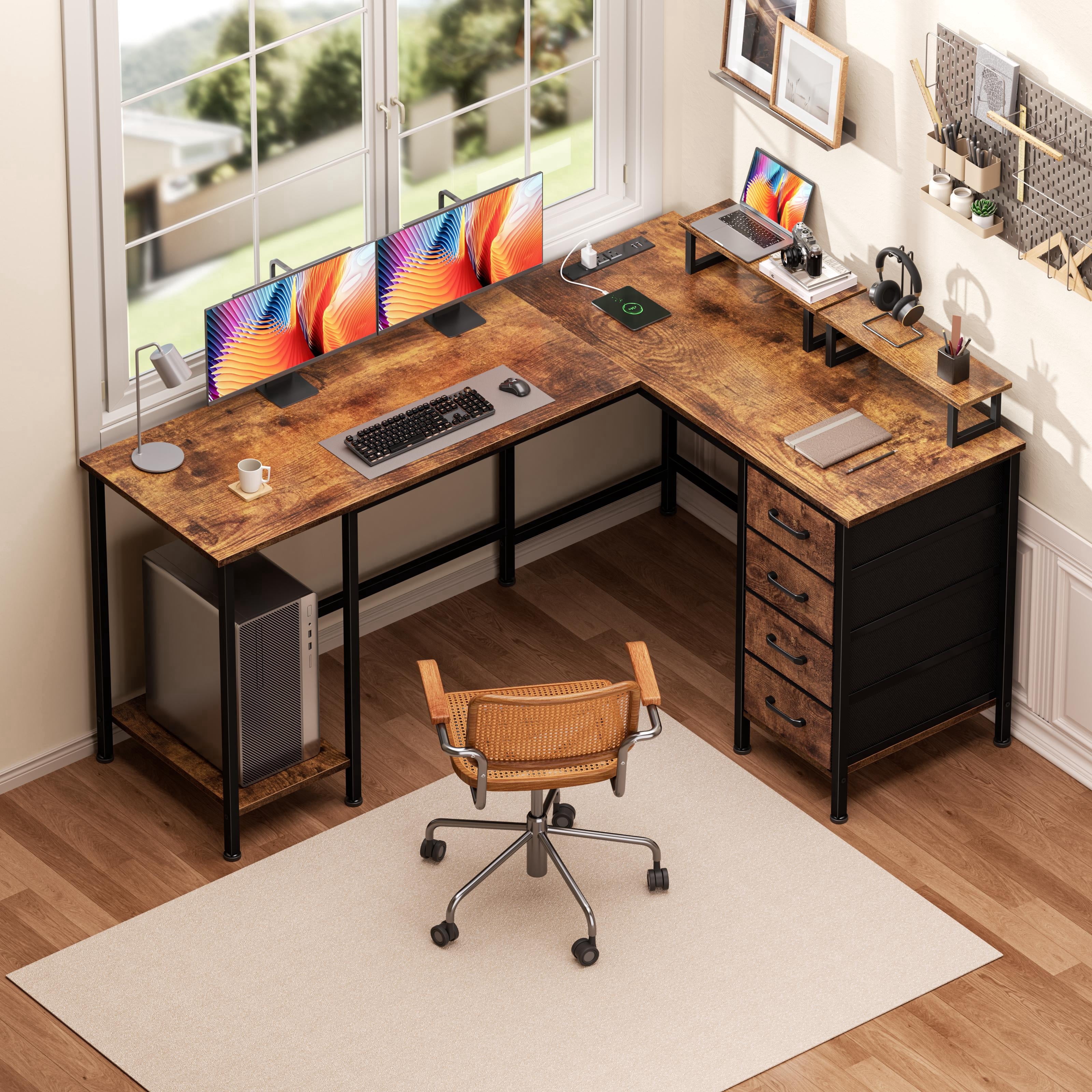 Satifur 59" L-Shaped Desk with Power Outlets, 4 Fabric Drawers & 2 ...