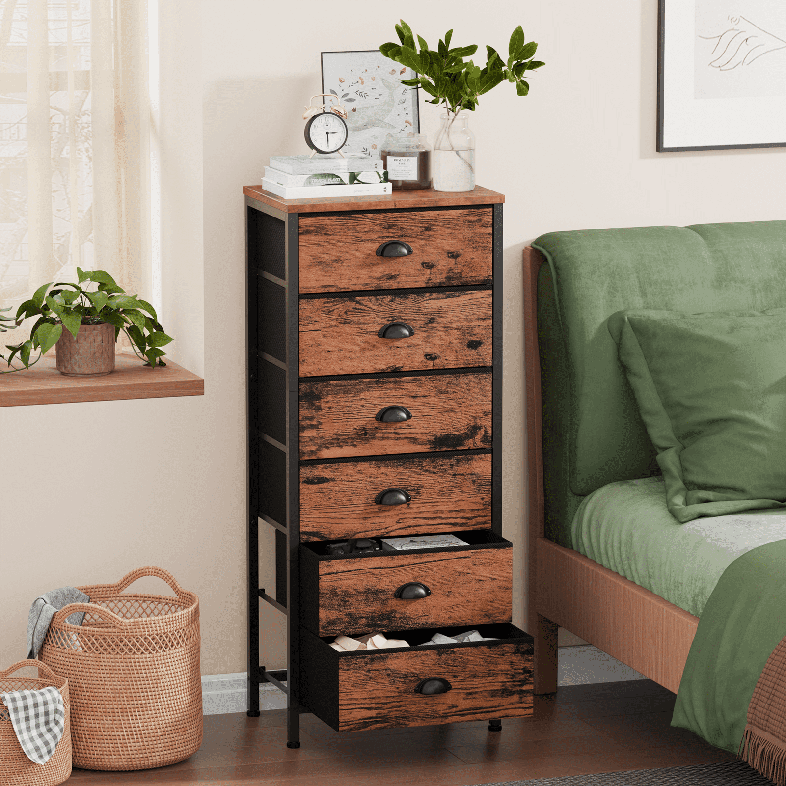 Satifur 6 Drawer Tall Dresser Bedside Fabric Nightstand with Storage for All Age Rustic Brown