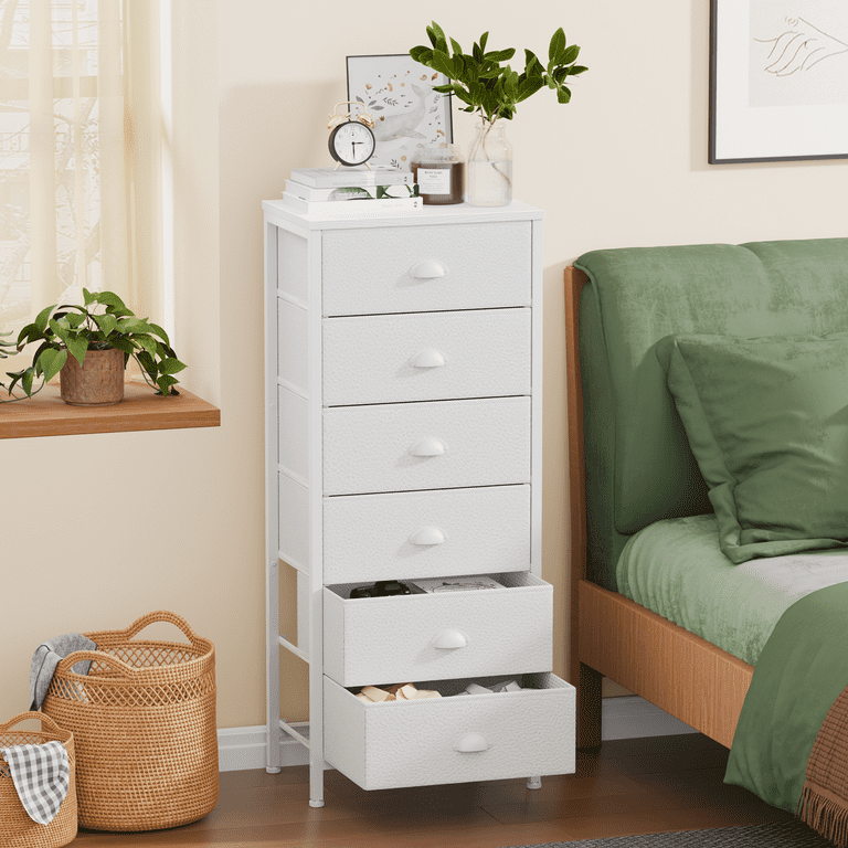 Satifur 6 Drawer Tall Dresser Bedside Fabric Nightstand with Storage for All Age White