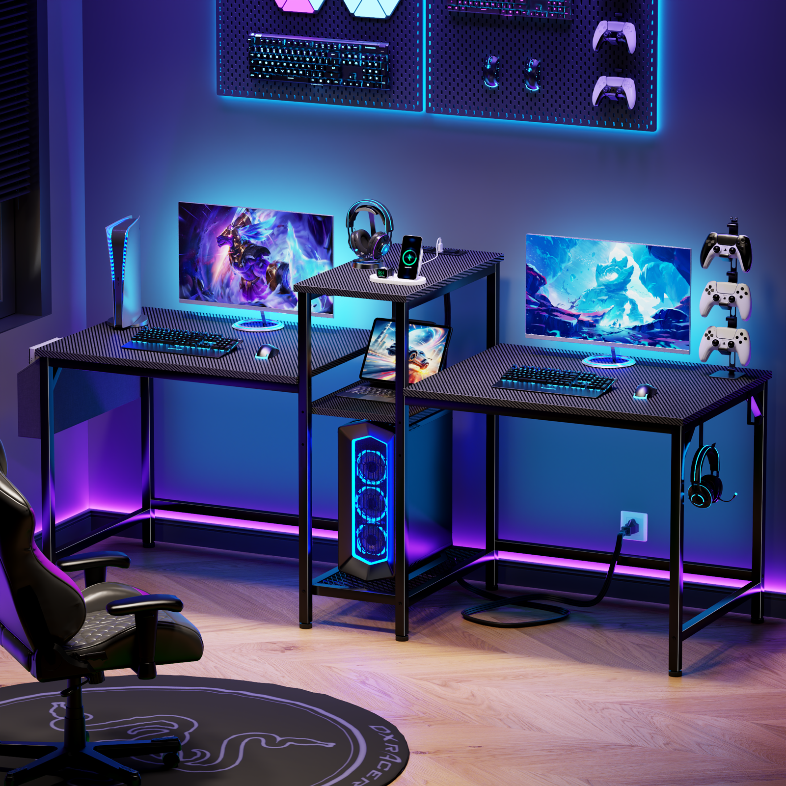 Satifur 71 Inch 2 Person Gaming Desk with Charging Station Home Office ...